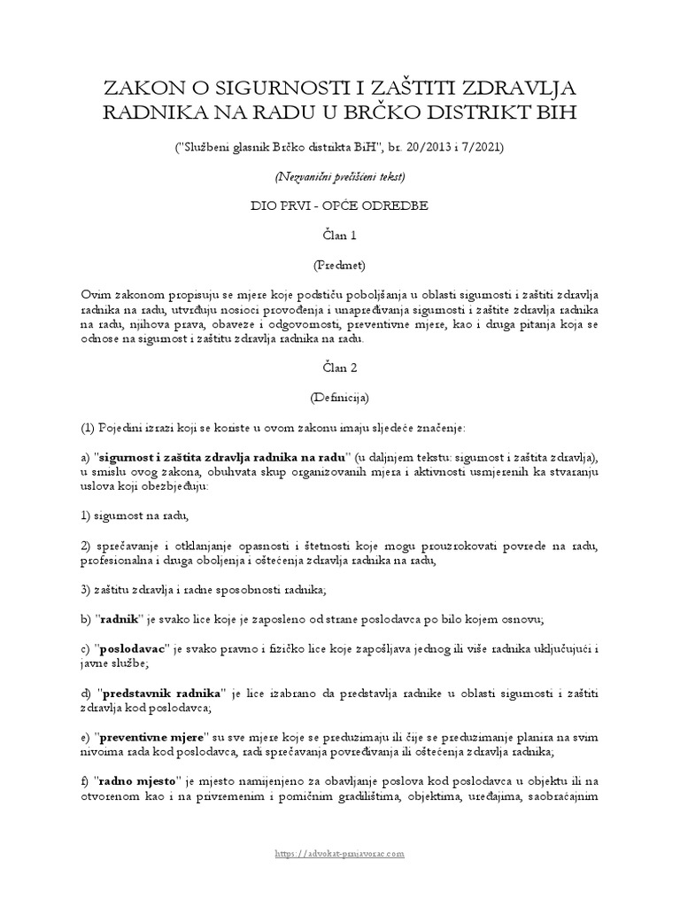 Zakon o Sigurnosti I Zastiti Zdravlja Radnika Na Radu U Brcko Distrikt BiH | PDF
