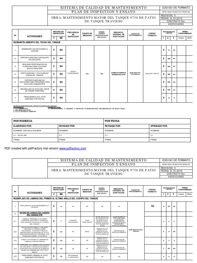 Plan de Inspeccion y Ensayo SOLDADURA | PDF | Calefacción eléctrica ...