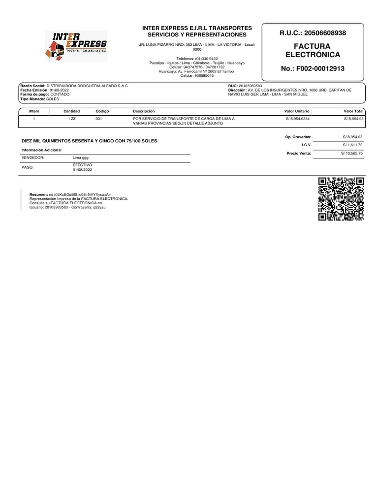 Factura Electrónica: Inter Express E.I.R.L Transportes Servicios Y ...