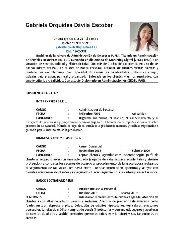 Gabriela Orquídea Dávila Escobar Curriculum Vitae | PDF | Bancos | Seguro