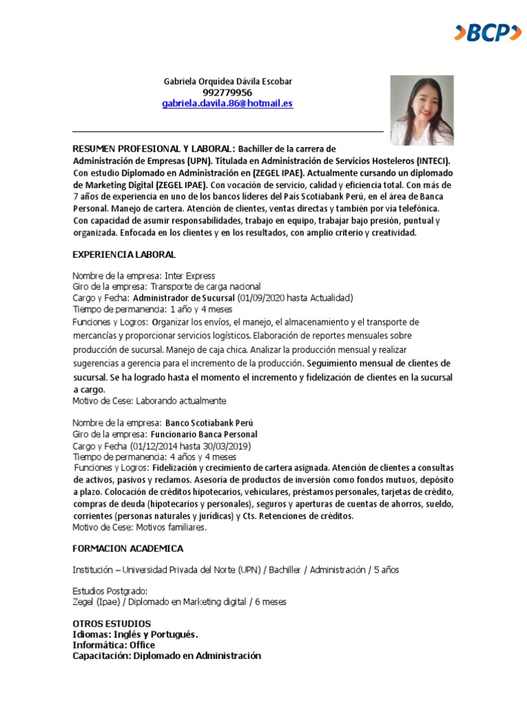 Gabriela Dávila - CV BCP | PDF | Economias | Business