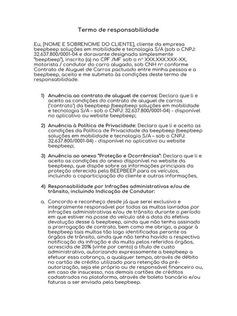 Termo de Responsabilidade Beepbeep | PDF | Carteira de Motorista | Tráfego