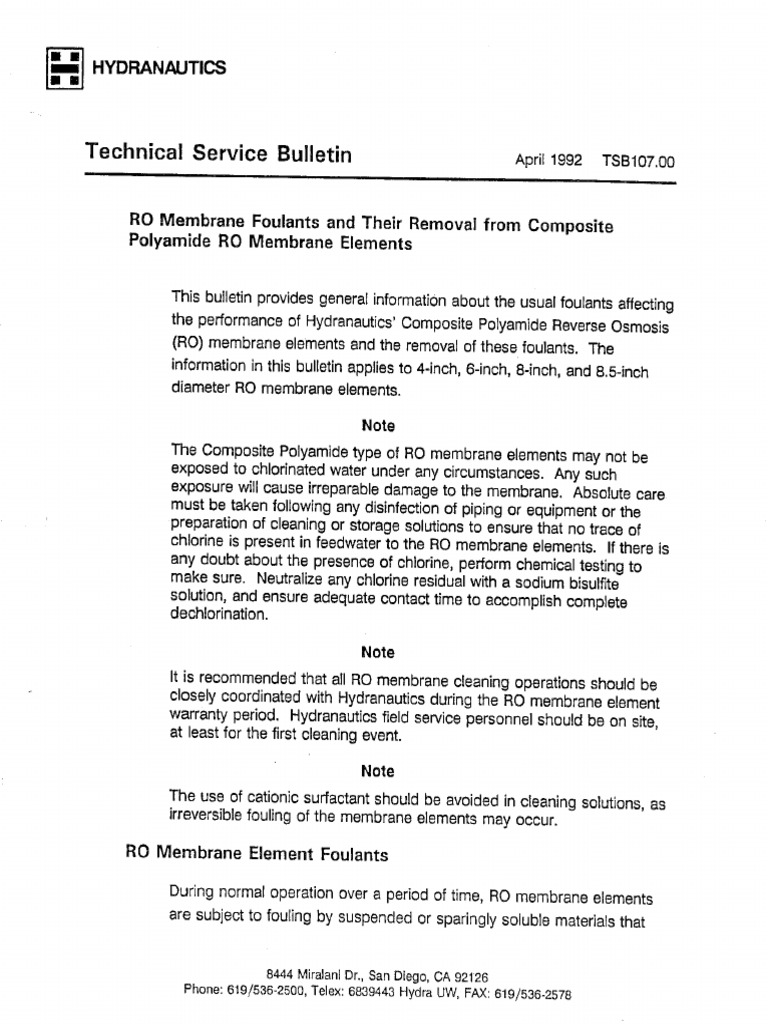 HYDRANAUTICS - Technical Service Bulletin | PDF | Membrane | Sodium ...