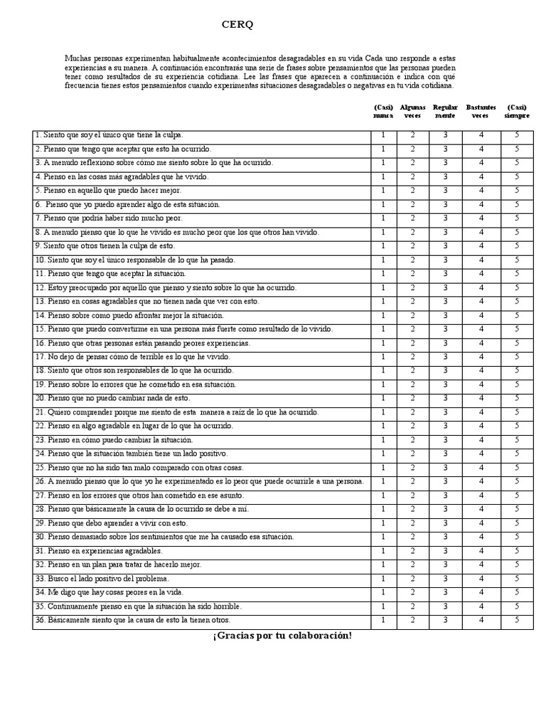 Cuestionario de Estrategias Cognitivas (18771) CERQ | PDF