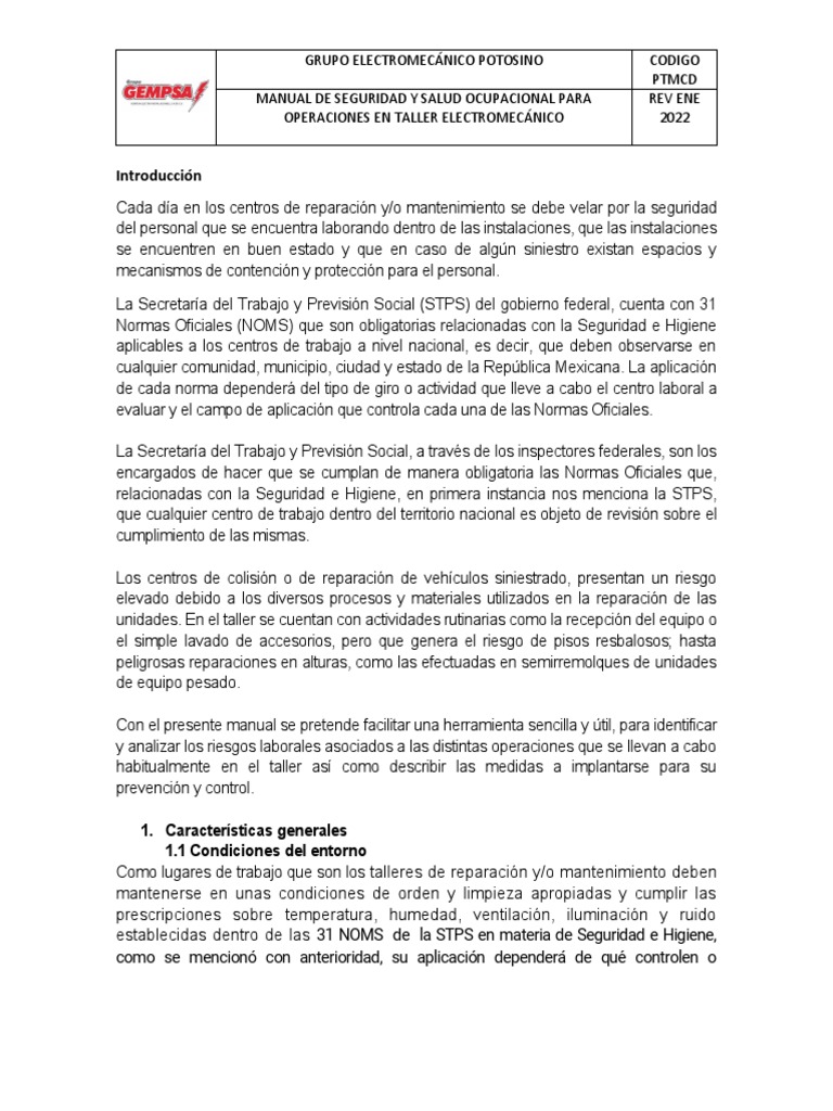 Manual de Seguridad y Salud Ocupacional para Taller Electromecanico 1 ...