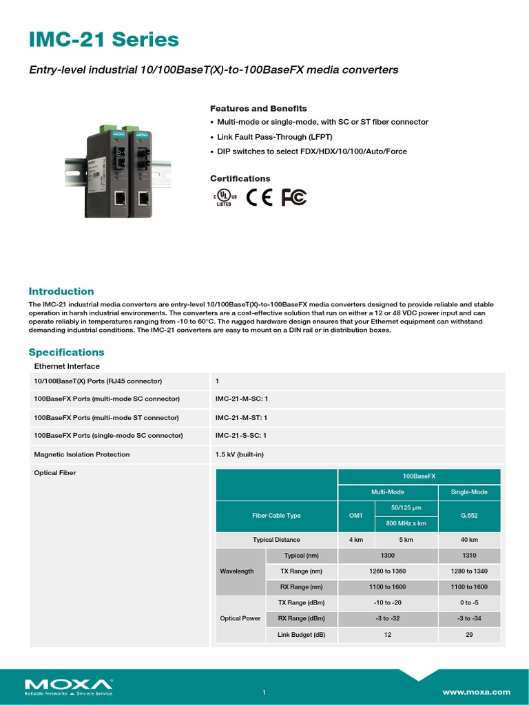Moxa Imc 21 Series Datasheet v1.3 | Descargar gratis PDF | Optical Fiber | Electricity