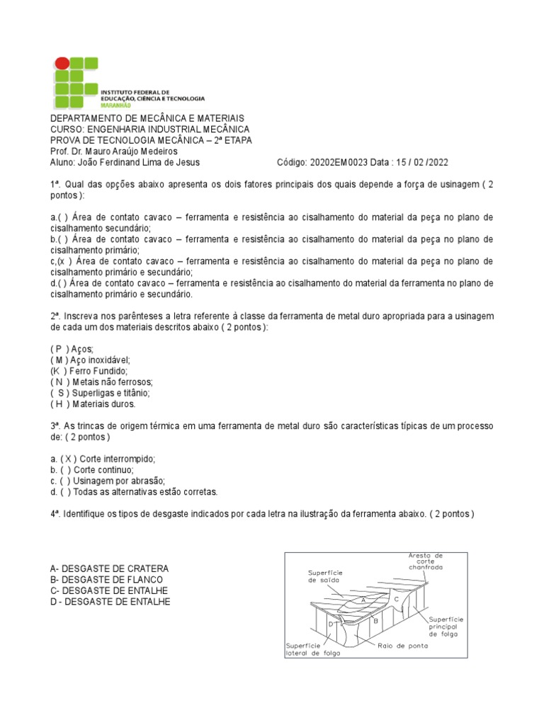 2a Prova De Tecnologia Mecanica Versão 2 Pdf