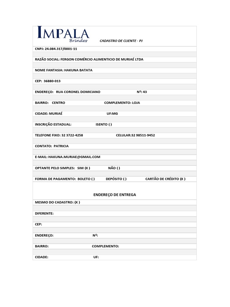 Ficha Cadastral CNPJ Impala | PDF