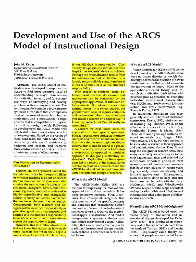 Development and Use of The ARCS Model of Instructional Design | PDF ... Development and Use of The ARCS Model of Instructional Design | PDF ...