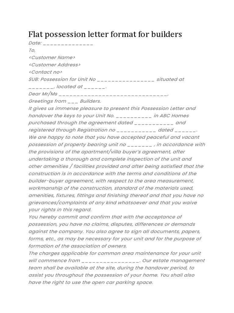 Flat Possession Letter Format For Builders | PDF