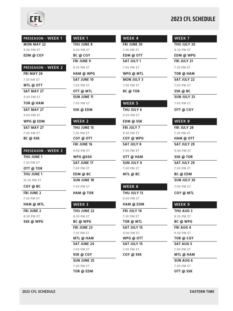 CFL 2023 Schedule | Download Free PDF | Sports Competitions ...