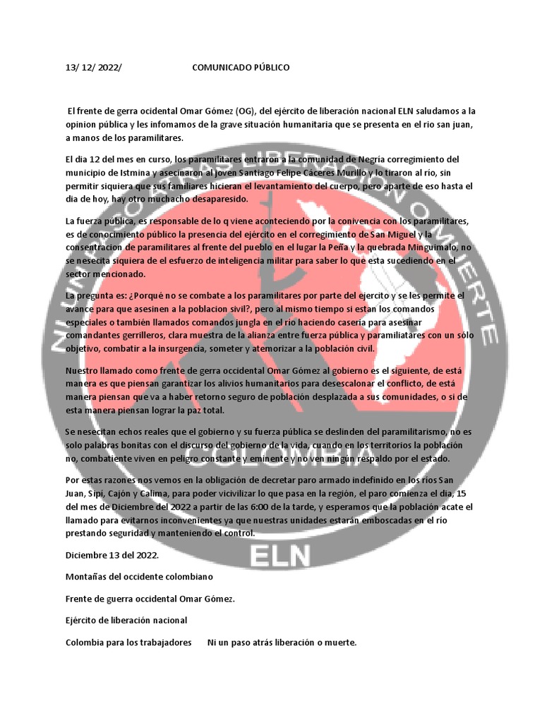 Comunicado Paro Armado Frente de Guerra Occidental Del ELN | PDF | Guerra | Relaciones ...