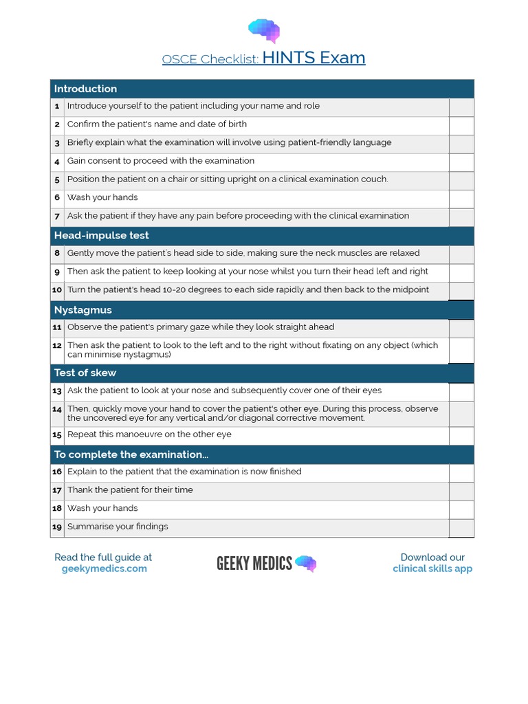 OSCE Checklist HINTS Exam | PDF | Self-Improvement