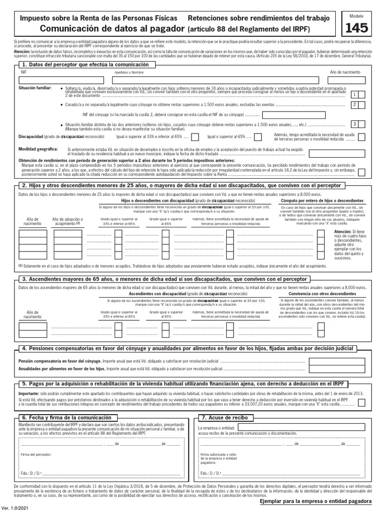 Modelo 145: Comunicación al Pagador | PDF | Impuestos | Invalidez