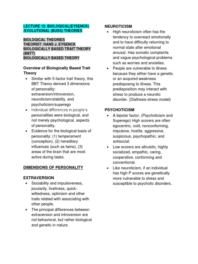Eysenck and Buss: Biological Personality Theories | PDF | Extraversion And Introversion | Evolution