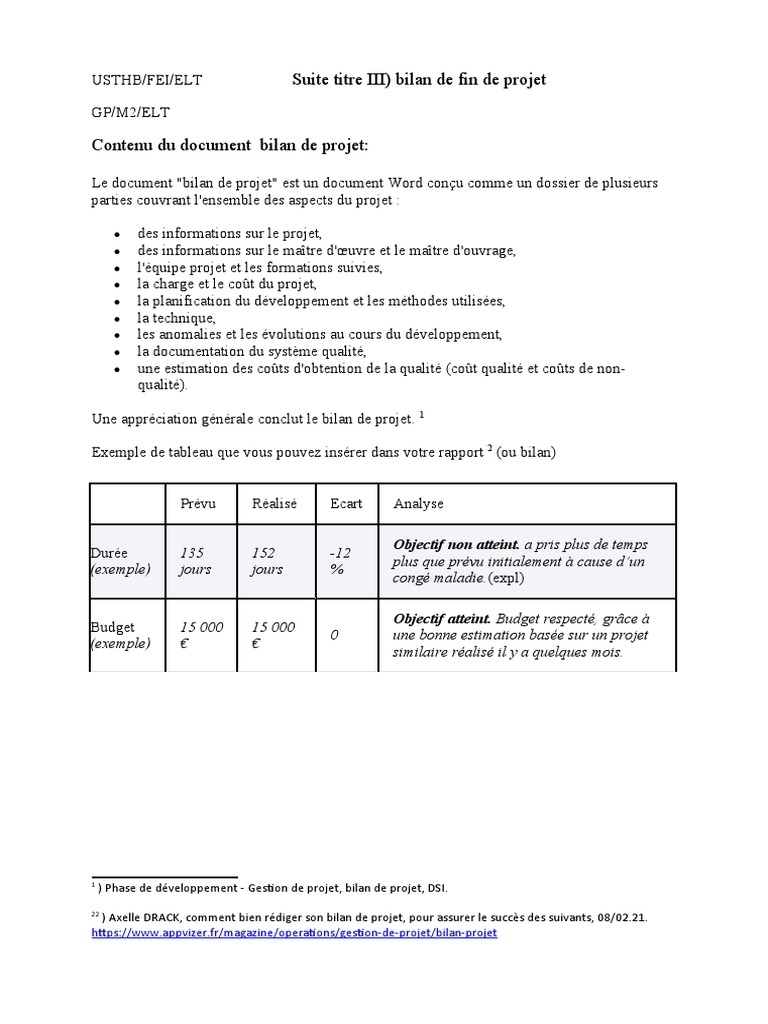 Bilan de projet : analyse et synthèse | PDF | Gestion de projet