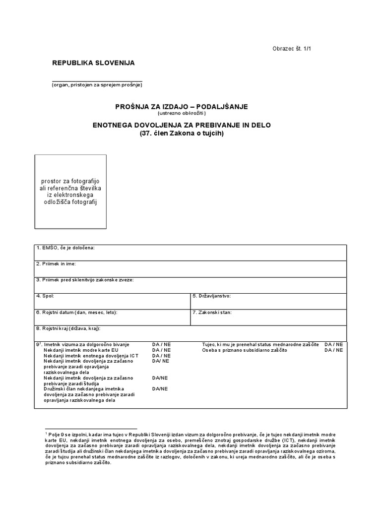 Prosnja Za Izdajo Oziroma Podaljsanje Enotnega Dovoljenja Za Prebivanje ...