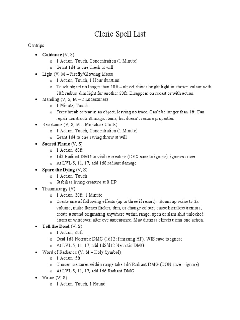 Cleric Spell List 5e | PDF | Wound | Weather