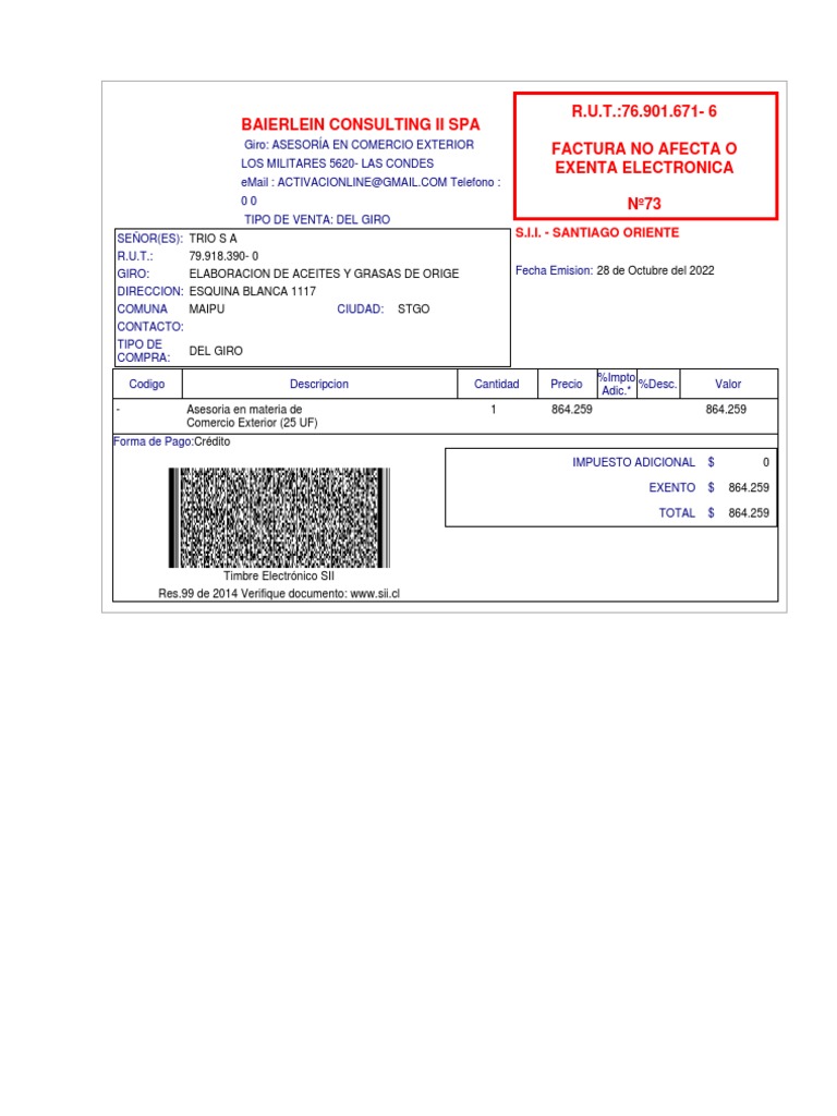Factura Exenta 73 - Trio | PDF | Factura | Economias