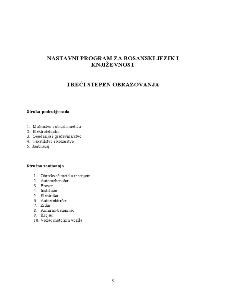 1 Razred, Svi Zanati, Bosanski Jezik I Knjizevnost | PDF