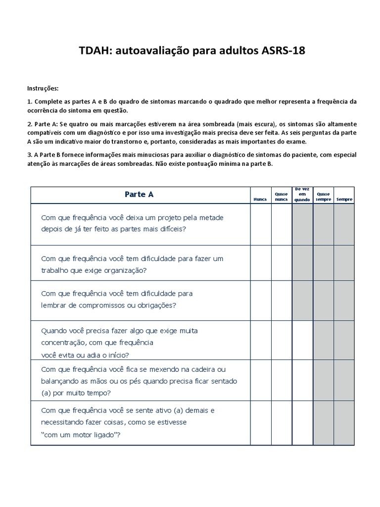 TDAH Autoavaliacao para Adultos ASRS-18 | PDF | Transtorno de déficit ... TDAH Autoavaliacao para Adultos ASRS-18 | PDF | Transtorno de déficit ...