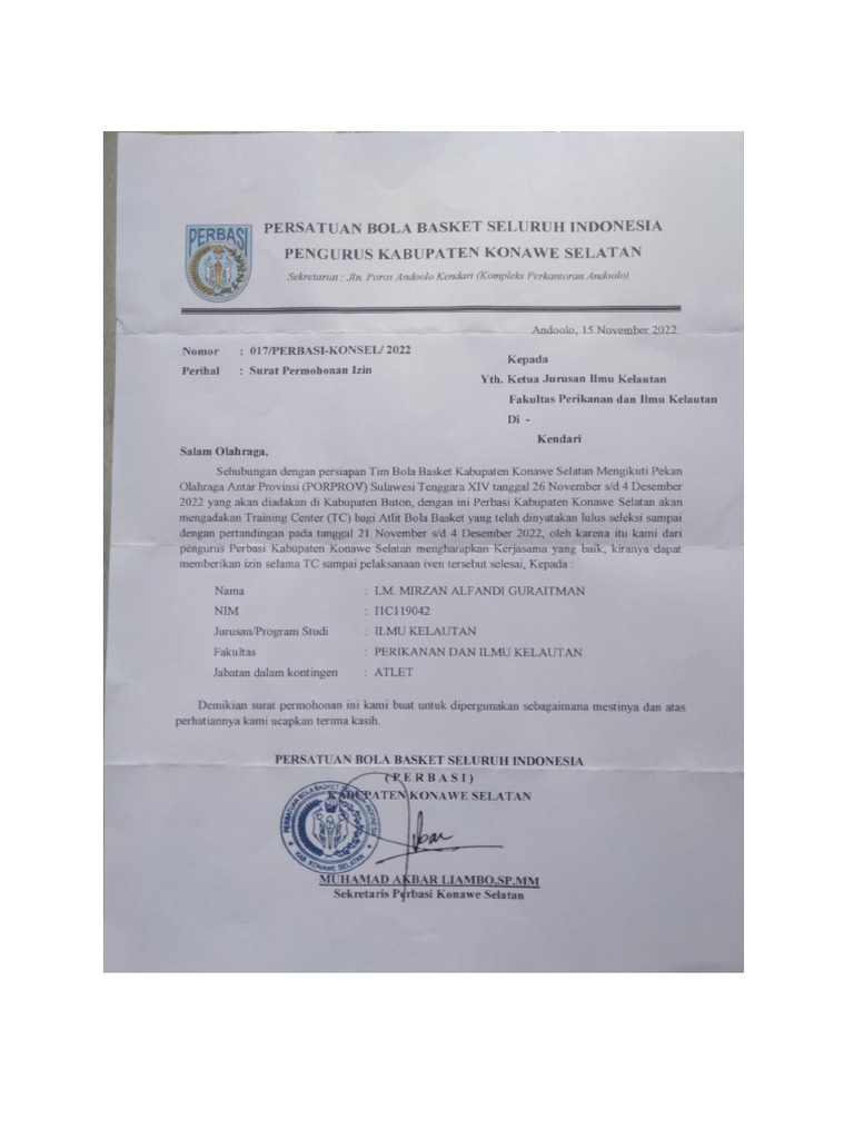 Surat Izin Lm. Mirzan Alfandi Guraitman | PDF