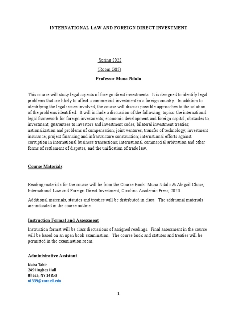 FDI Course Outline | PDF | Trips Agreement | Multilateral Investment Guarantee Agency