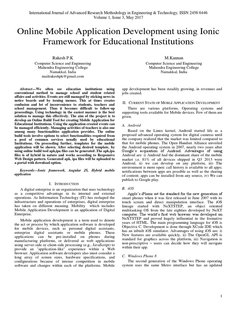 Online Mobile Application Development Using Ionic Framework For Educational Institutions | PDF ...