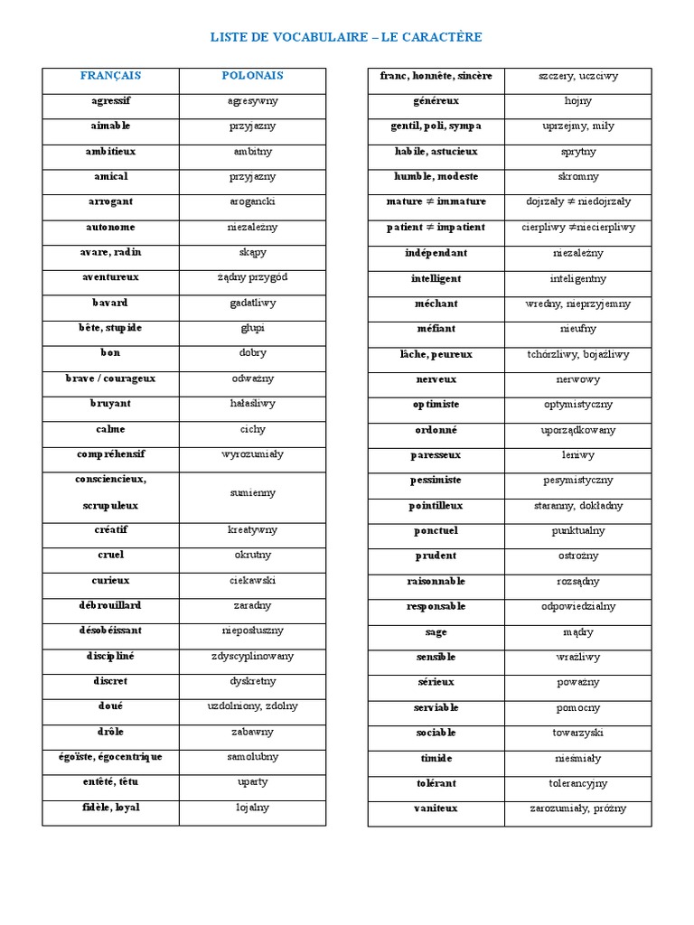Liste de Vocabulaire - Le Caractère | PDF