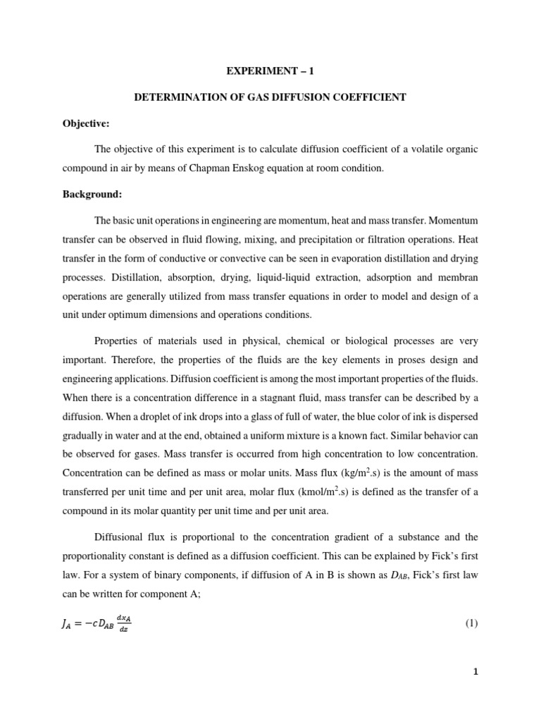 Determination of Gas Diffusion Coefficient | PDF | Diffusion | Mass Transfer