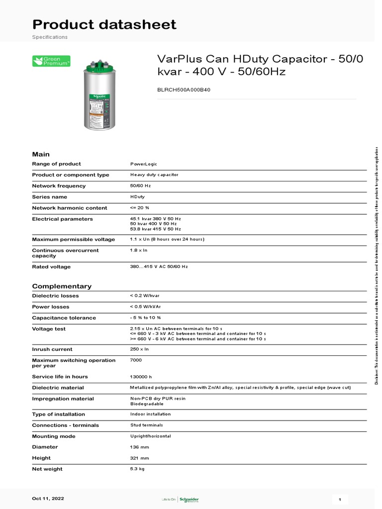 50 Kvar 400 VPowerLogic PFC Capacitors - BLRCH500A000B40 | PDF ...