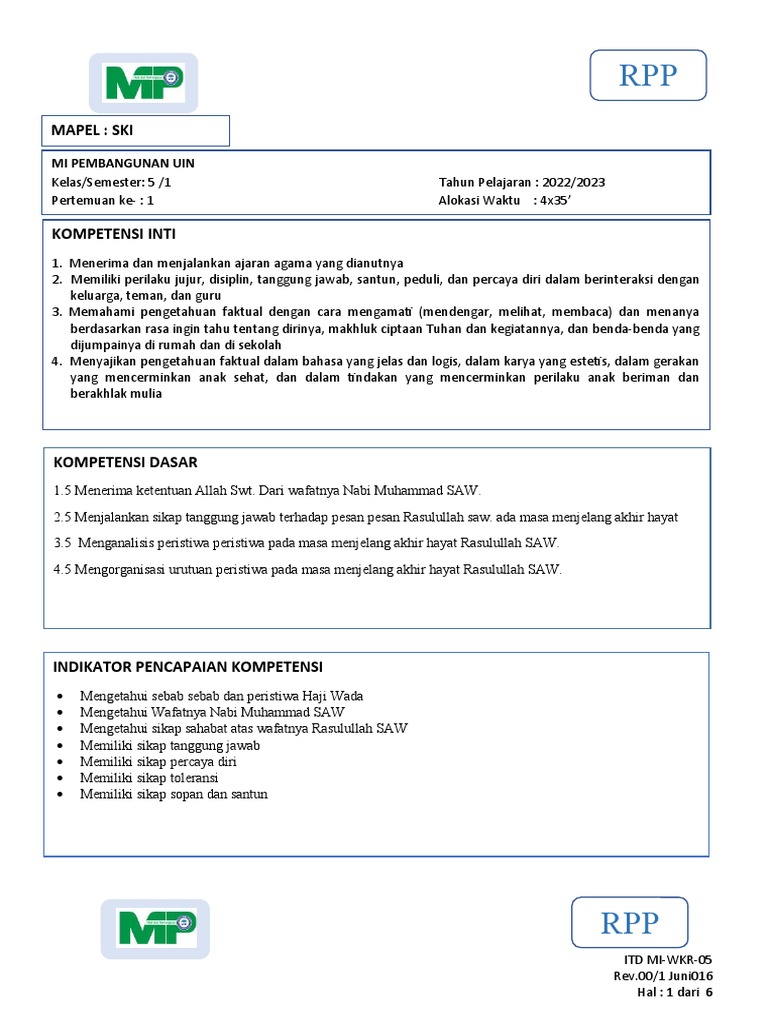 RPP SKI Kelas 5 Bab 4 | PDF