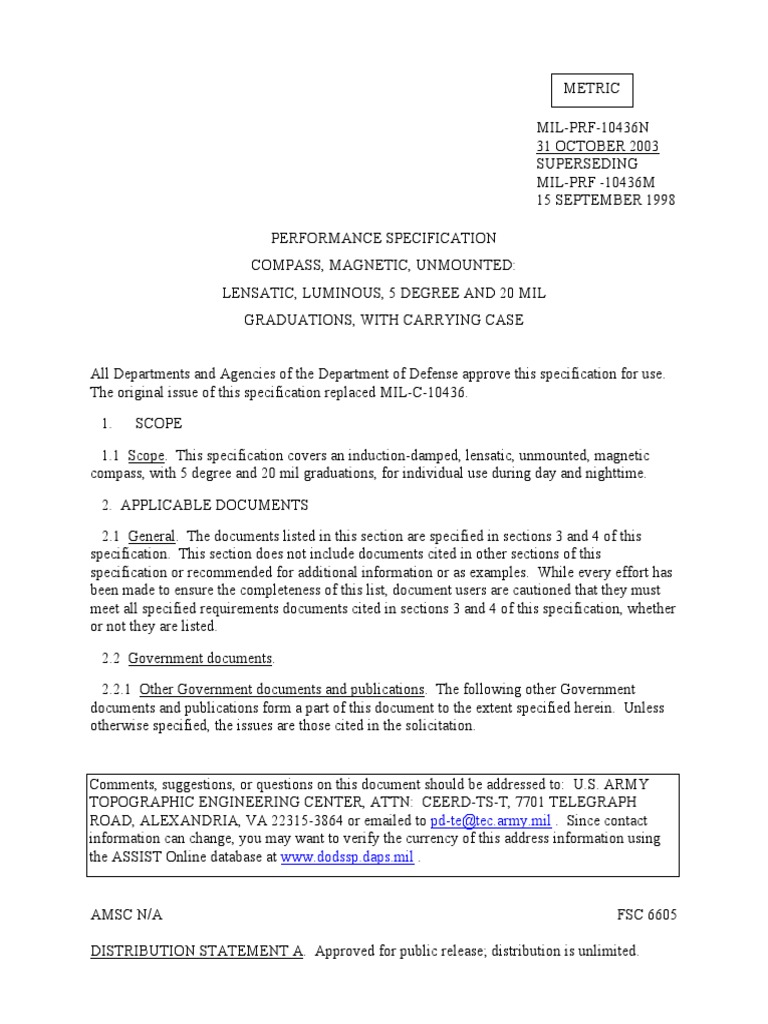 Specification for an Unmounted Magnetic Compass with Luminous ...