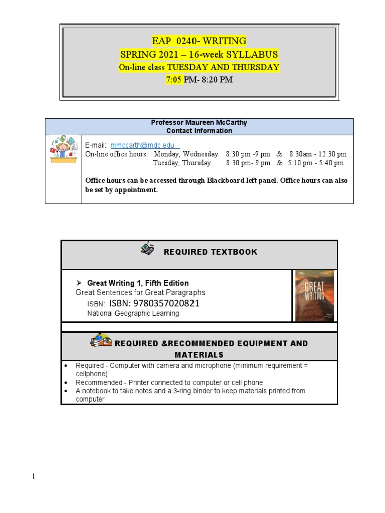 EAP 0240 Writing Syllabus Spring 2021 | PDF | Thought | Learning