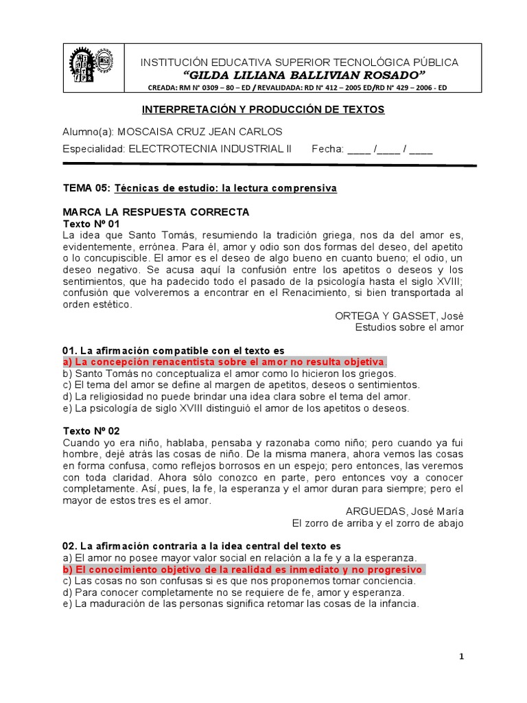 Tecnicas de Comprension de Lectura - Tarea | PDF | Amor | Autor