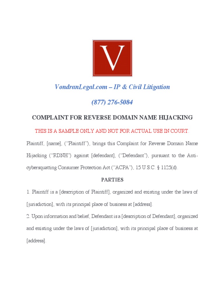 Sample Complaint For Reverse Domain Name Hijacking RDNH | PDF | Lawsuit ...