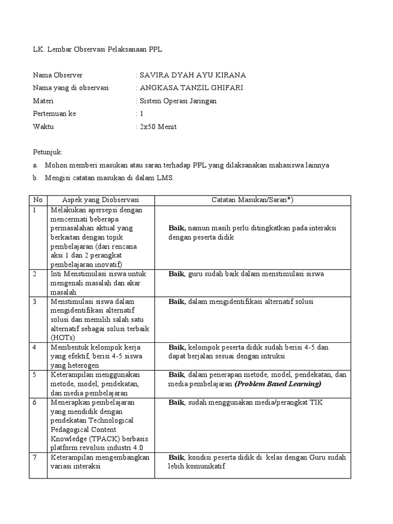 ANGKASA - LK Lembar Observasi Pelaksanaan PPL 2022 | PDF