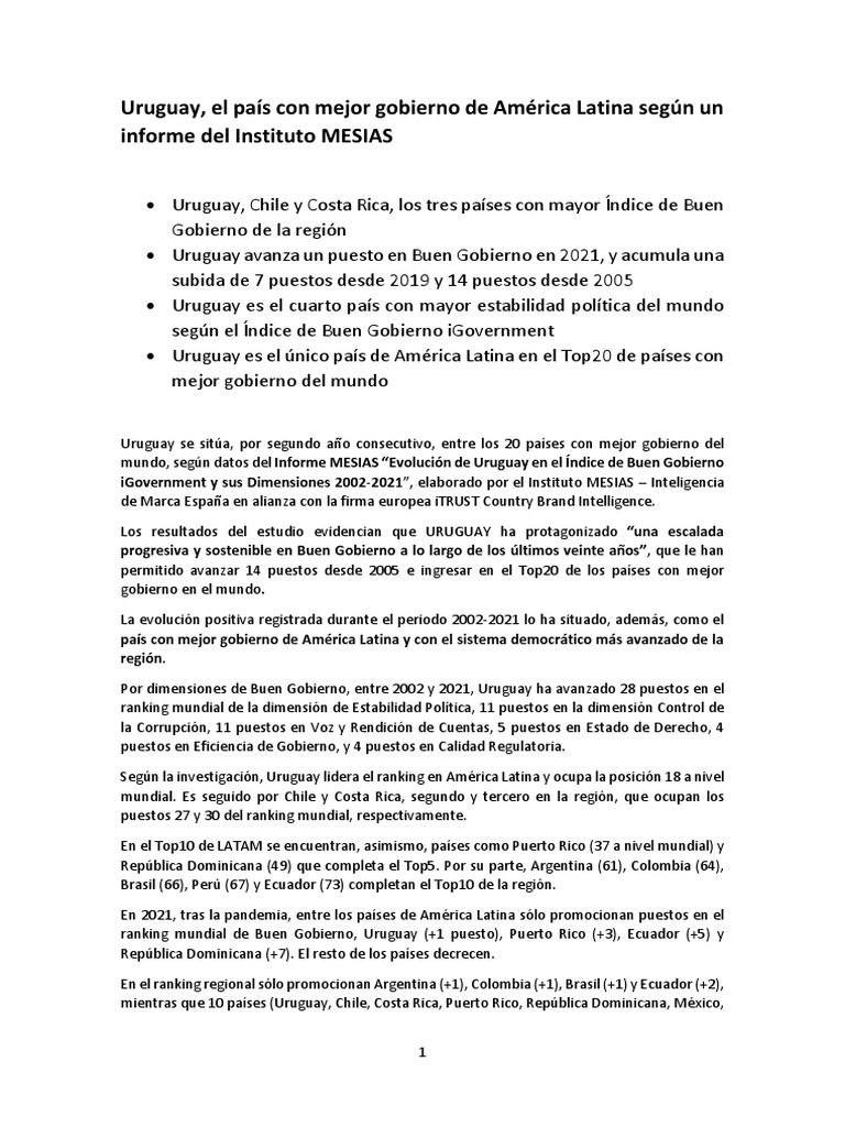 Evolución de Uruguay en El Índice de Buen Gobierno Igovernment y Sus ...
