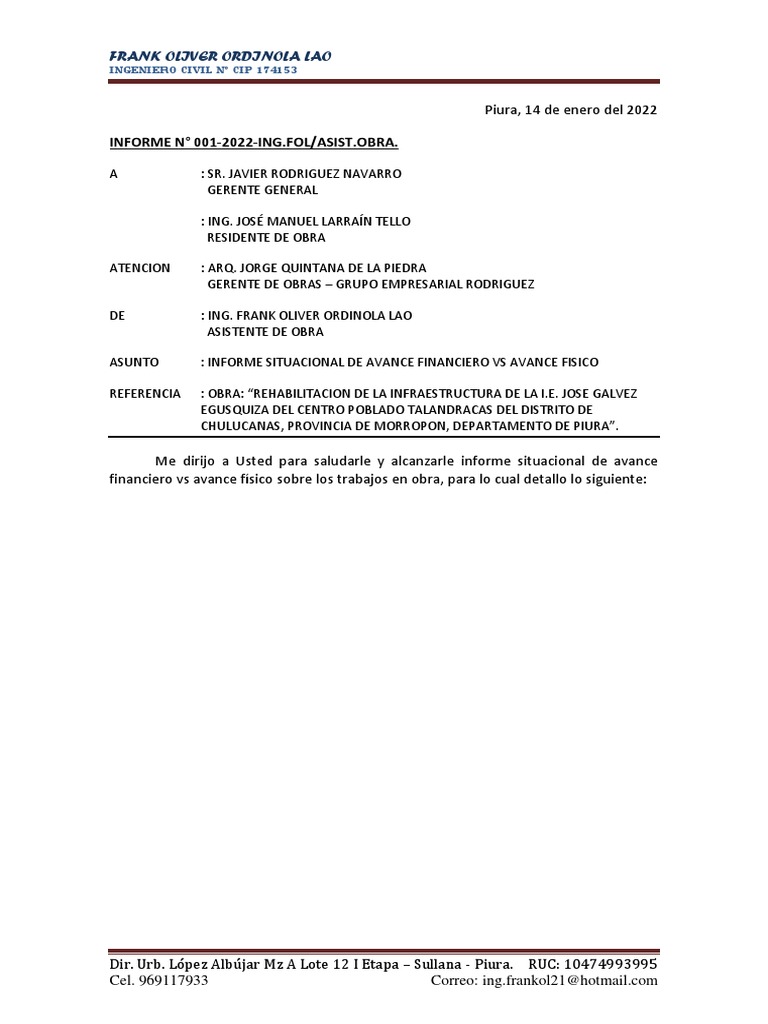 Informe de Obra - Estado Situacional - 13-01-22 | Descargar gratis PDF | edificio | Materiales ...