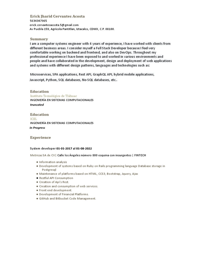 Curriculum Erick | PDF | Ruby On Rails | Mobile App