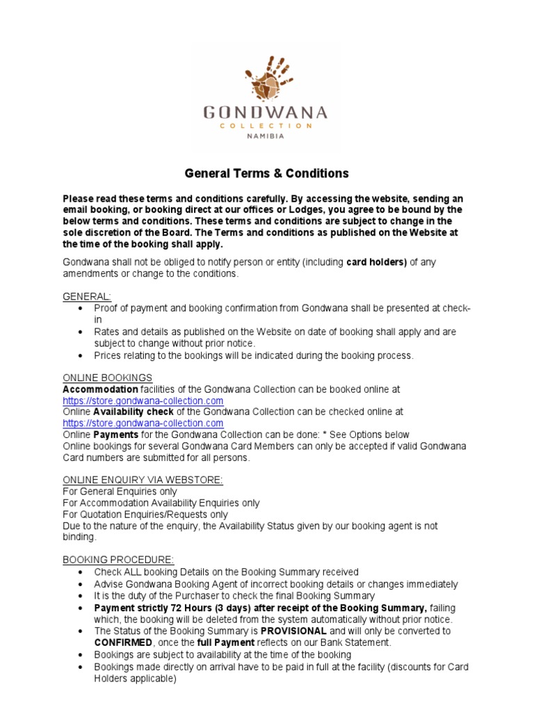 Gondwana Collection Namibia Terms and Conditions | PDF | Payments ...