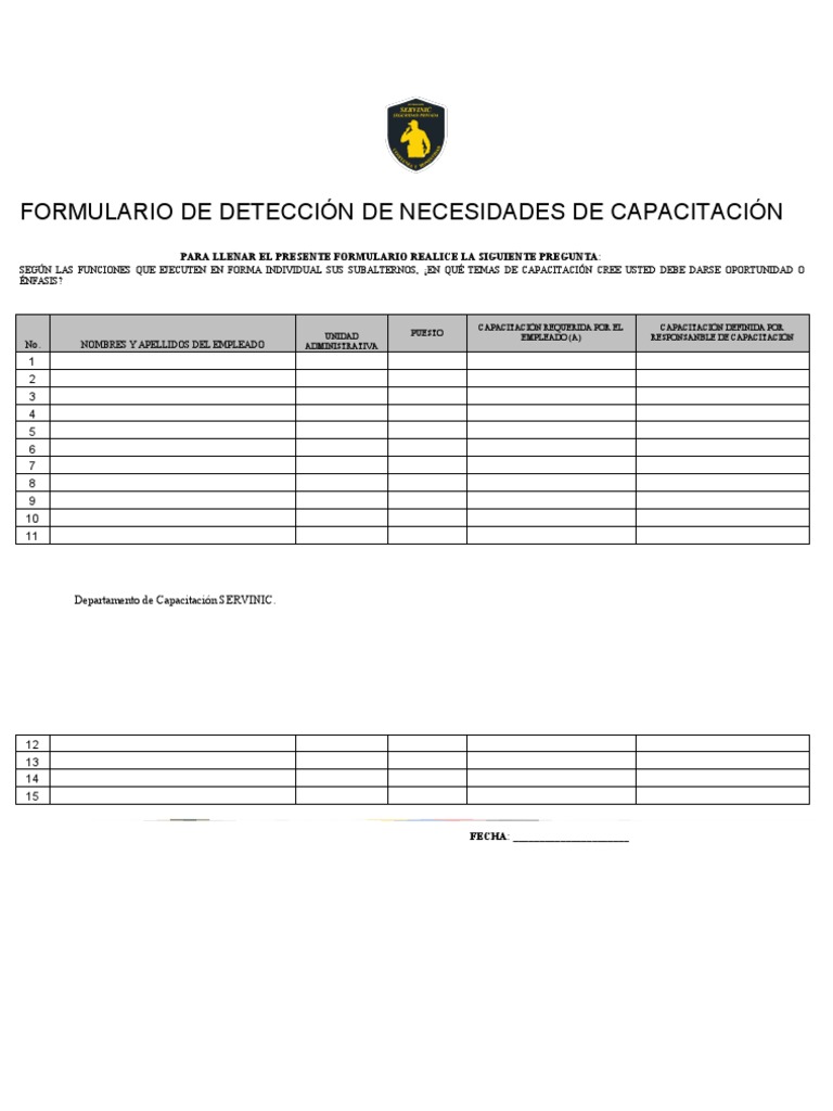 Formulario de Detección de Necesidades de Capacitación Servinic | PDF