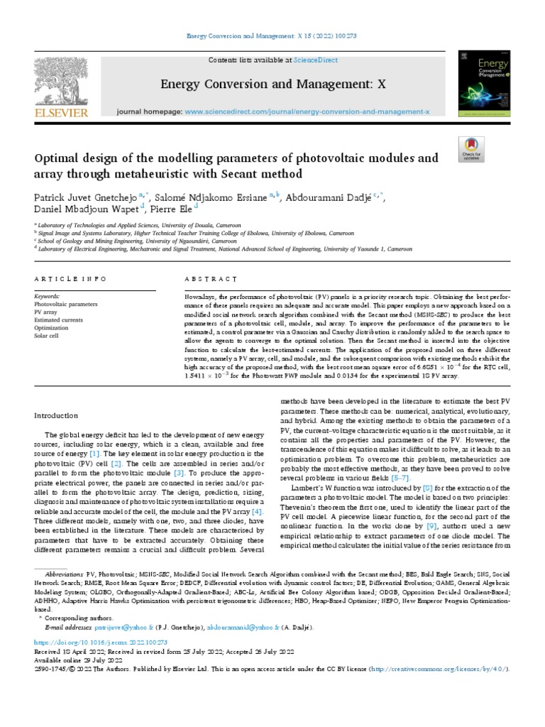8 Optimal Design Of The Modelling Parameters Of Photovoltaic Modules And Array Through