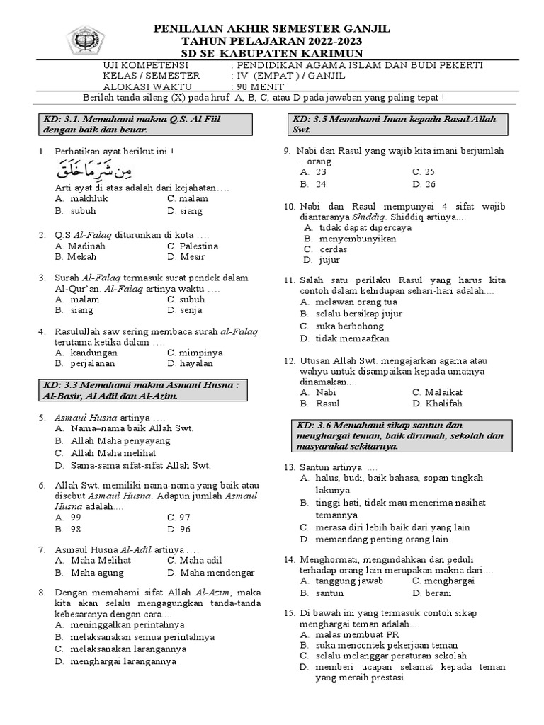 Soal PAS Ganjil Kelas 4 Tp. 2022-2023 | PDF