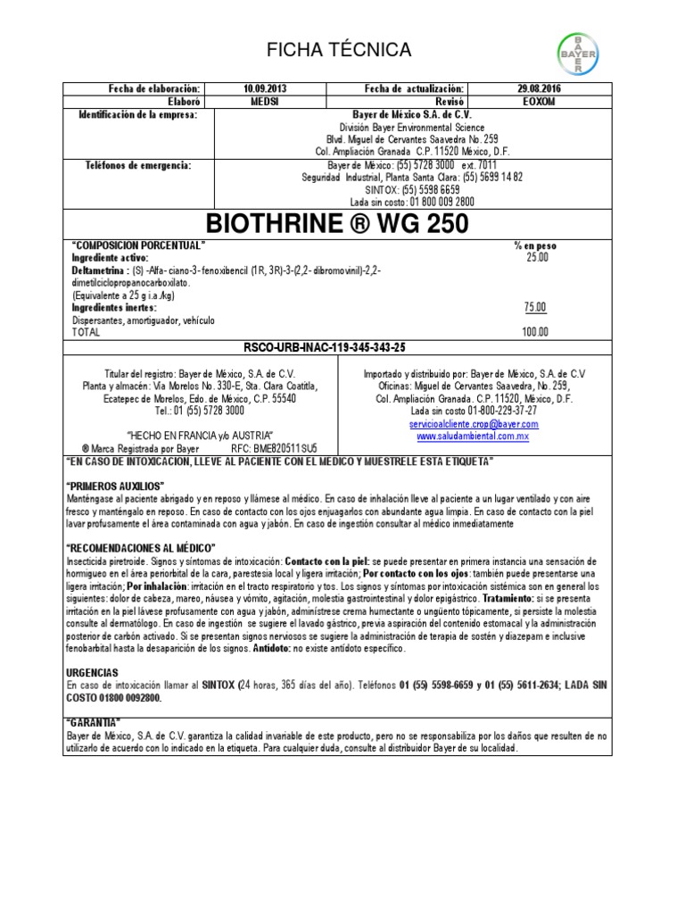 Biothrine WG 250 (Bayer) - Ficha Técnica | PDF | Medicina ...
