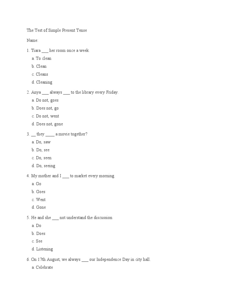 The Test of Simple Present Tense | PDF