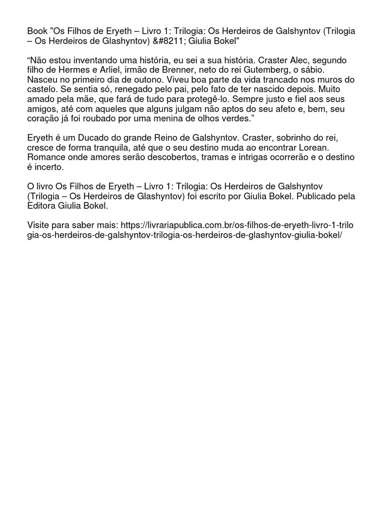 Os Filhos de Eryeth - Livro 1 - Trilogia - Os Herdeiros de Galshyntov (Trilogia - Os Herdeiros ...