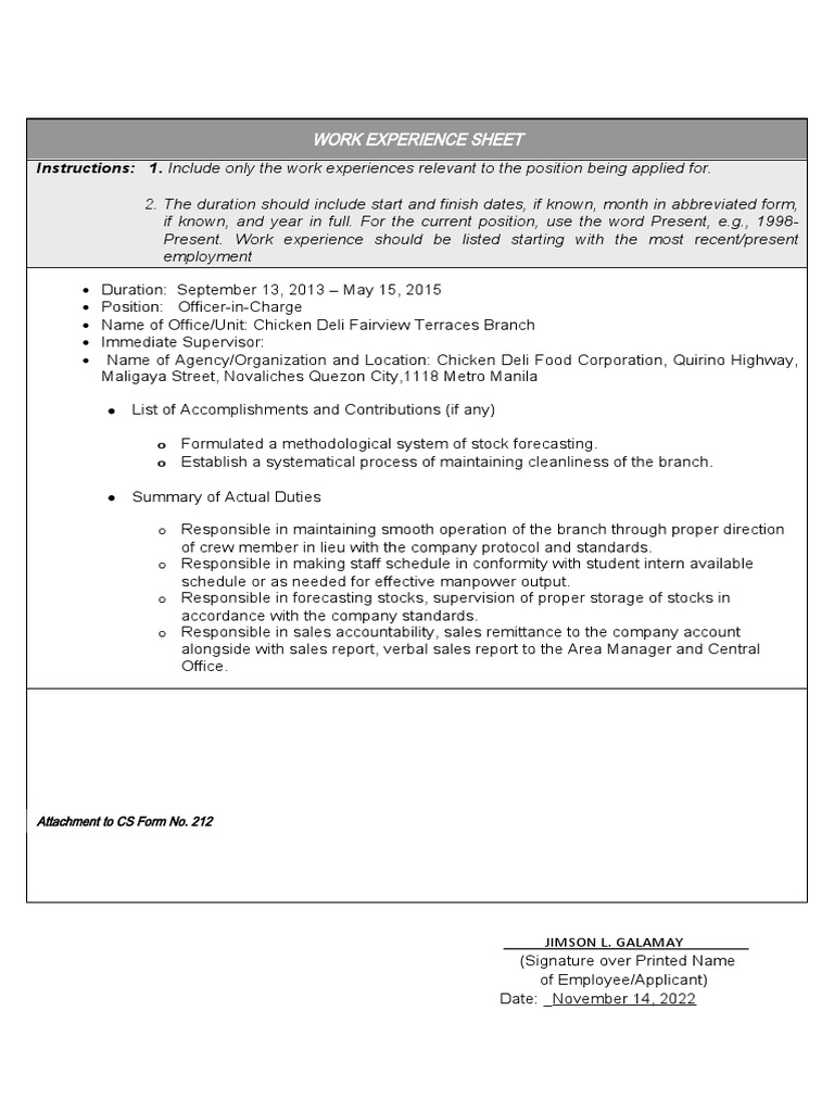 CS Form No. 212 Attachment - Work Experience Sheet | PDF