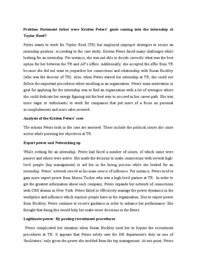 Problem Statement (What Were Kristen Peters' Goals Coming Into The ...