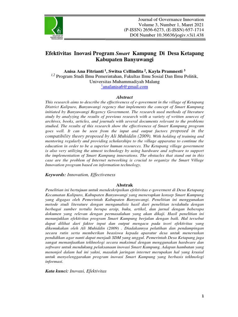 Efektivitas Inovasi Program Smart Kampung Di Desa Ketapang Kabupaten Banyuwangi | PDF